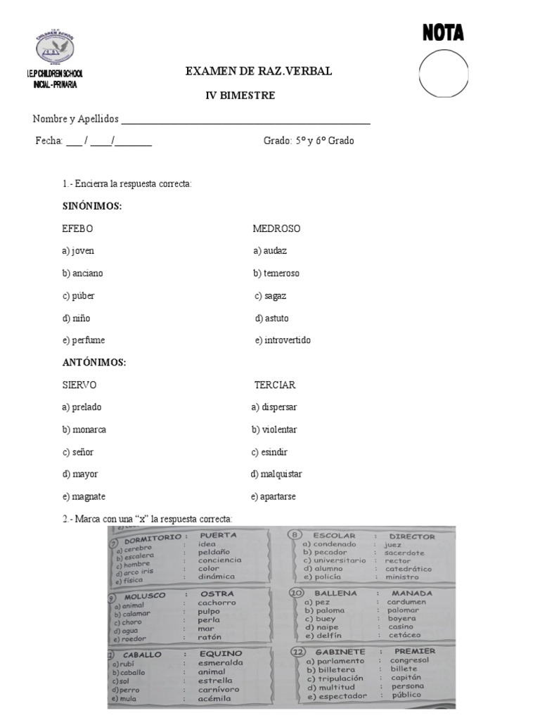 Examen RV de 5 y 6 Grado | PDF