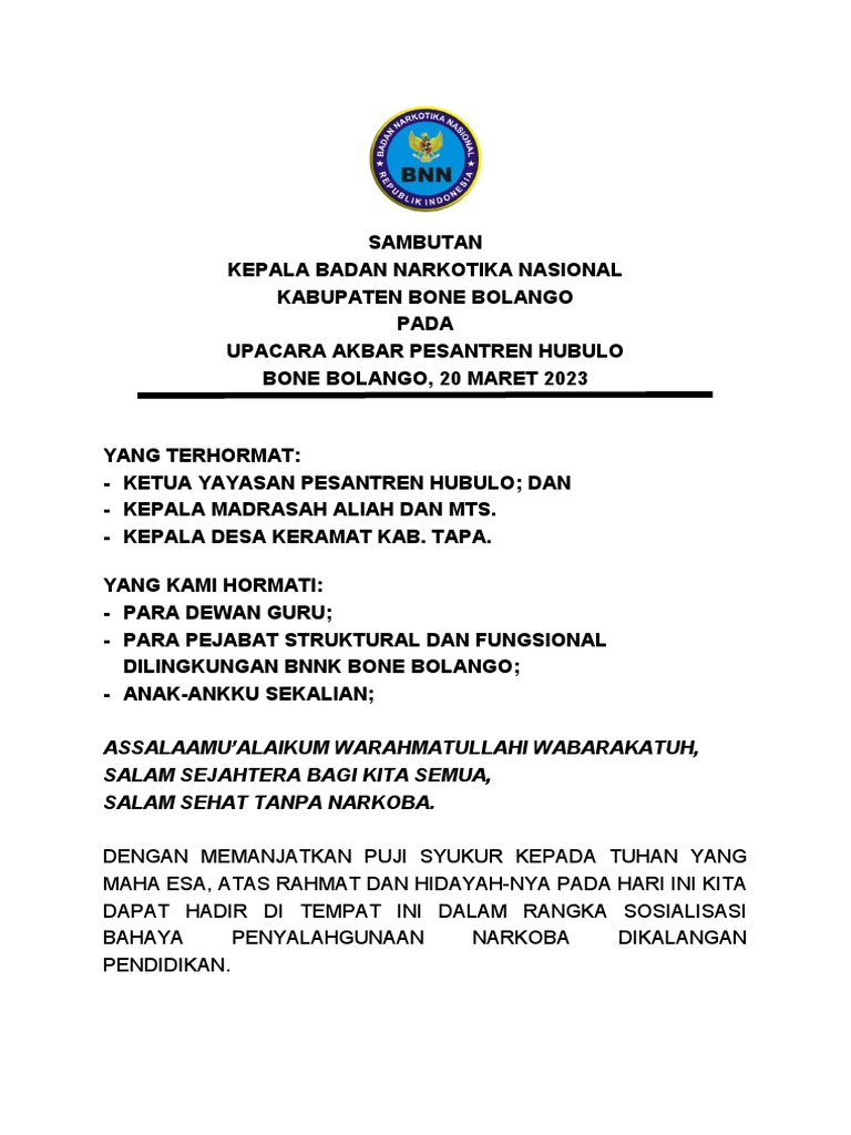 Sambutan Kepala BNN HANI 2022 - Revisi Ketiga | PDF