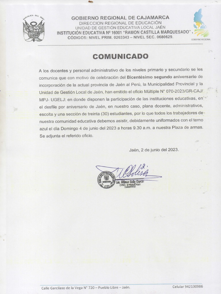 Comunicado para El Desfile de 4 de Junio | PDF