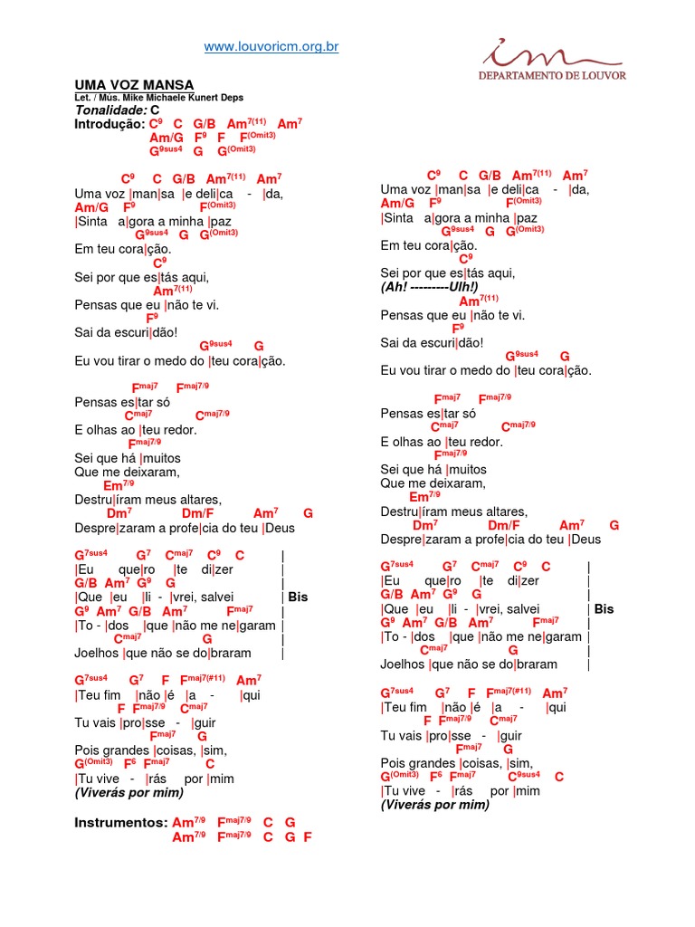 Uma Voz Mansa e Delicada - Cifra (Site Louvor ICM) | PDF