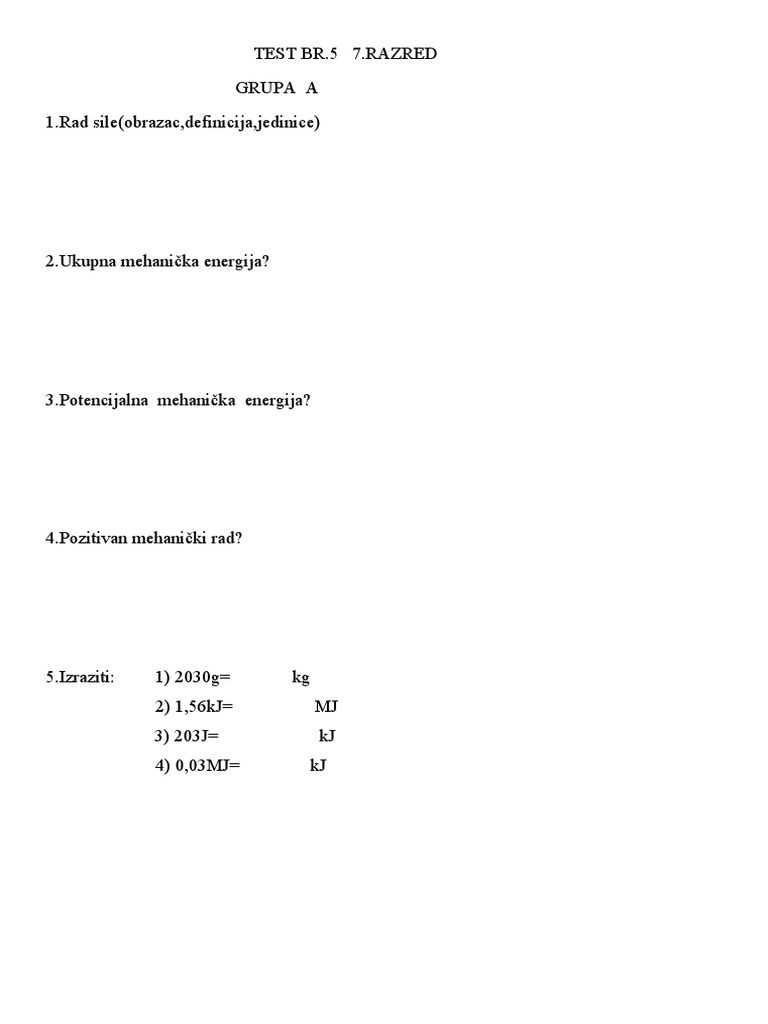 Fizika 7.razred Test Energija Rad I Snaga | PDF