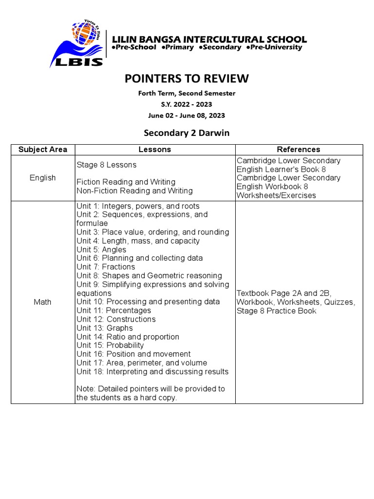 LBIS Review Pointers A.Y 22-23 (Term 4) - S2D | PDF