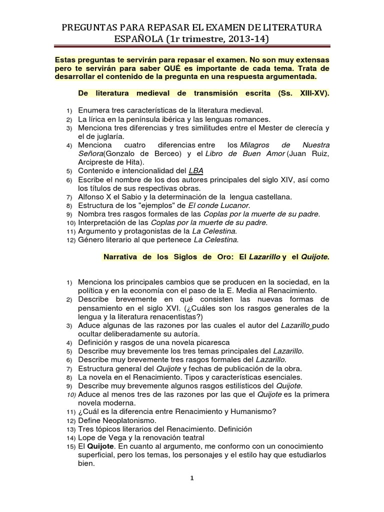 Preguntas Sobre Literatura Medieval | PDF | Renacimiento | Literatura española