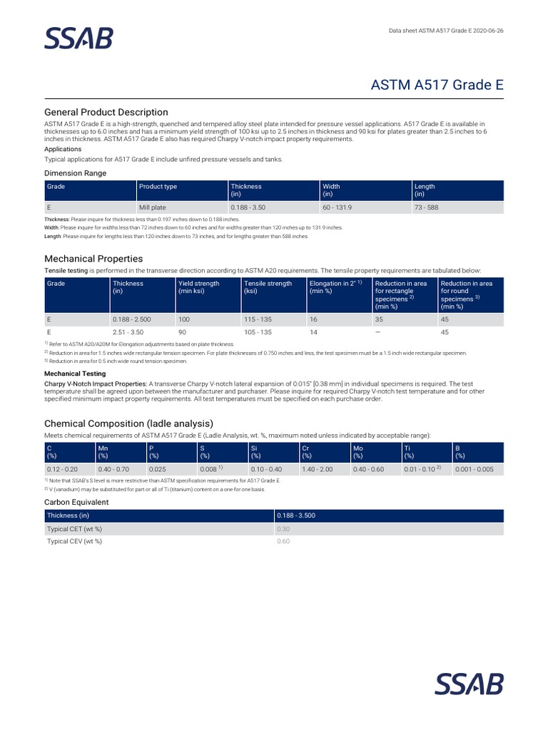 Data Sheet ASTM A517 Grade E 2020-06-26 | PDF | Welding | Construction