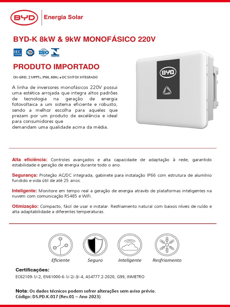 Inversor Solar BYD-K 8kW e 9kW 220V | PDF | Corrente direta | Metrologia