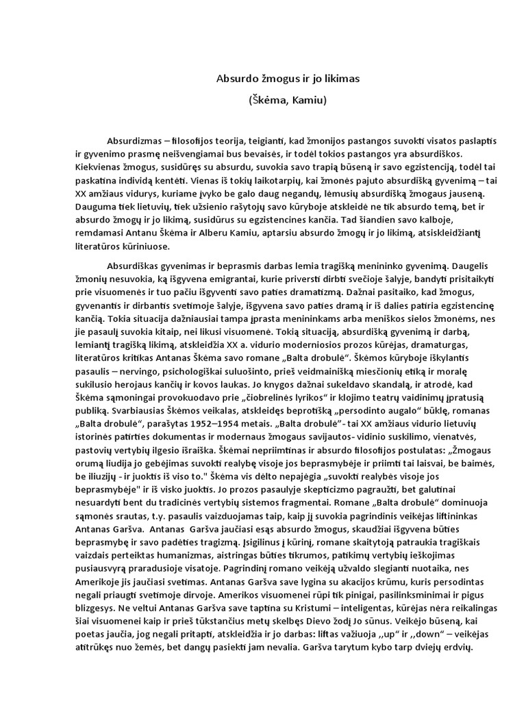 Tema - Absurdo Zmogus Ir Jo Likimas Skema Kamiu | PDF
