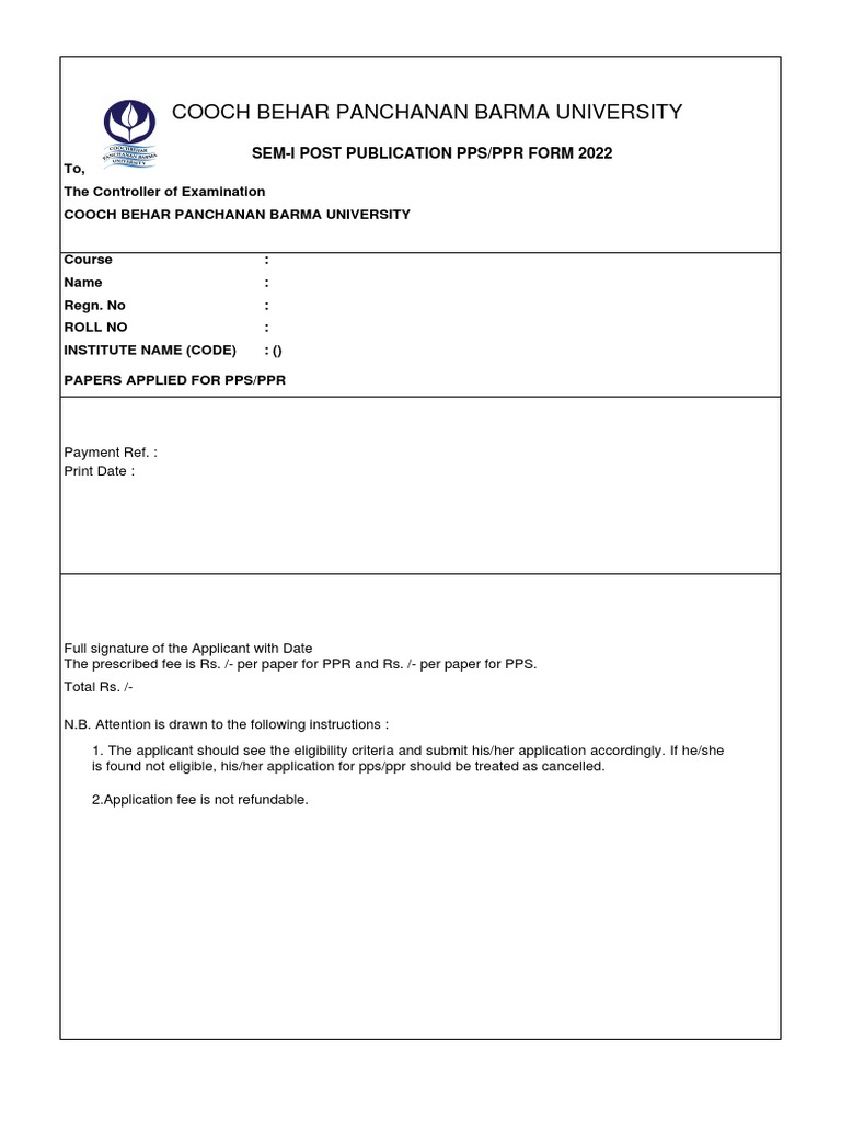 Cooch Behar Panchanan Barma University: Sem-I Post Publication PPS/PPR Form 2022 | PDF