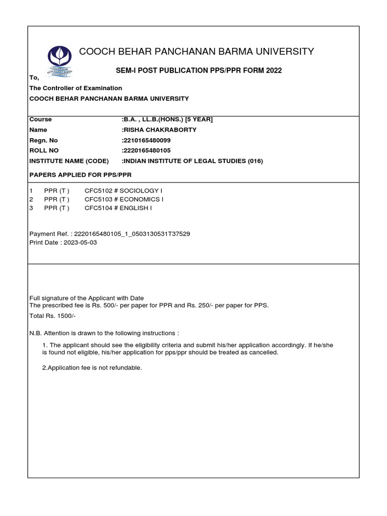 Cooch Behar Panchanan Barma University: Sem-I Post Publication PPS/PPR Form 2022 | PDF