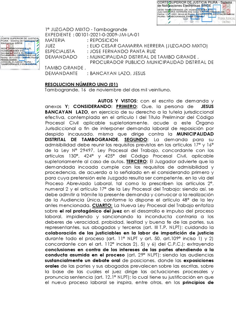R1 - ADMISORIO - Exp. 00101-2021-0-2009-JM-LA-01 - Resolución - 01669-2021 | PDF | Demanda ...