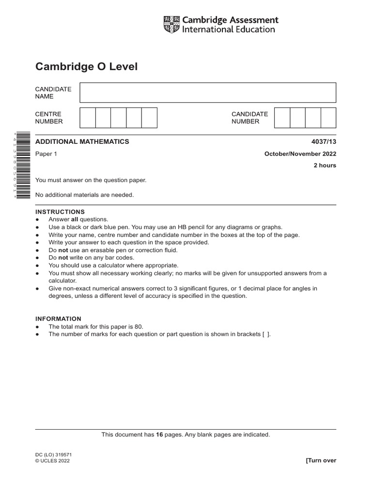 Cambridge O Level: Additional Mathematics 4037/13 | PDF | Teaching ...