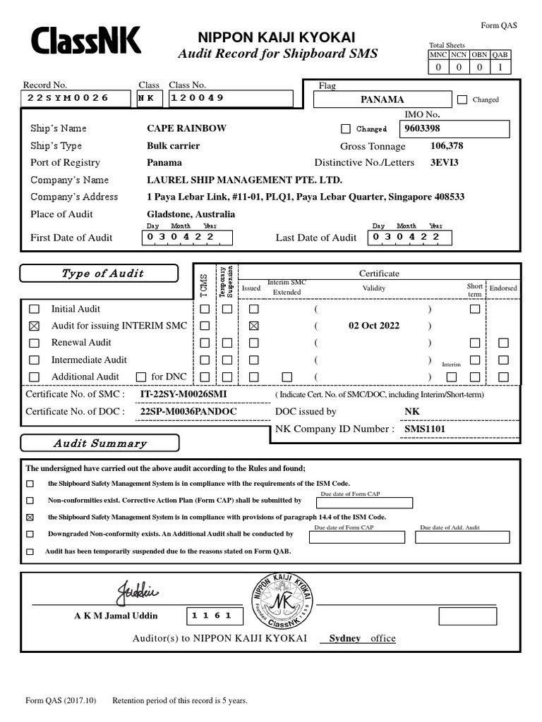 Shipboard SMS Audit Record - CAPE RAINBOW | PDF | Audit | Business