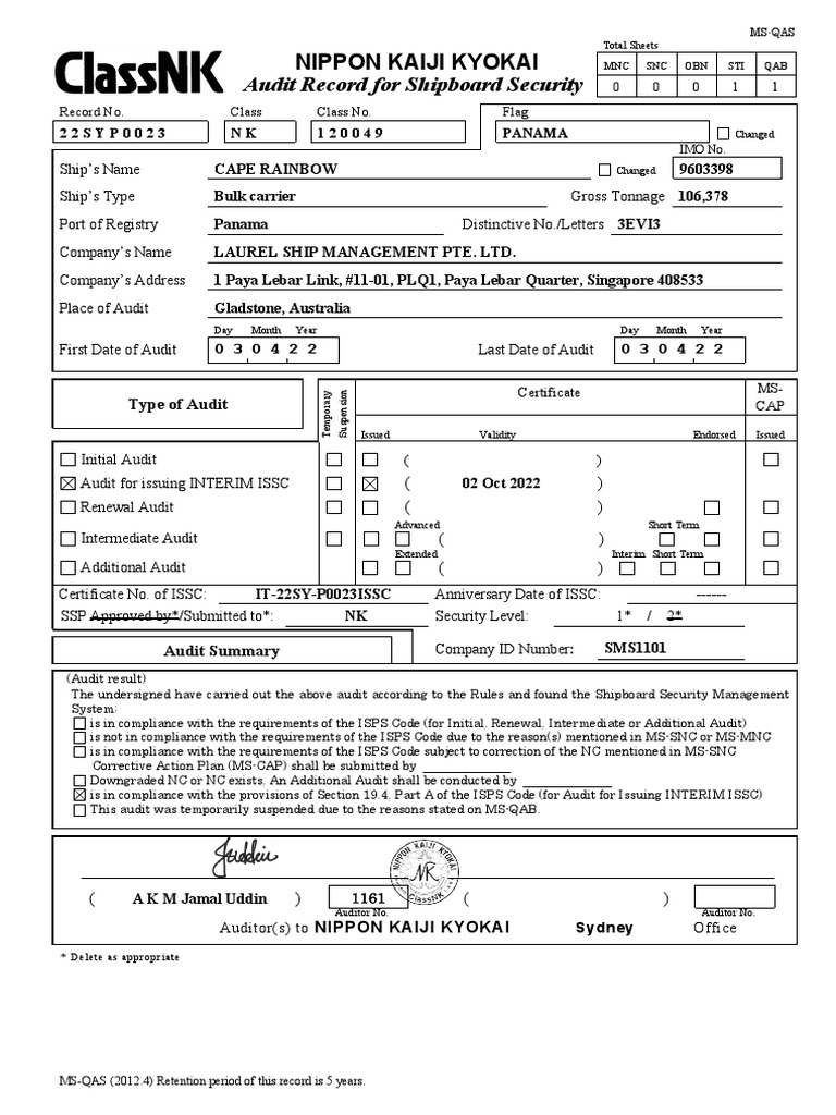 22SYP0023 - Audit Record For Shipboard Security | PDF | Shipping ...