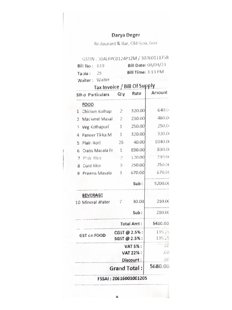 Food Bills Goa | PDF
