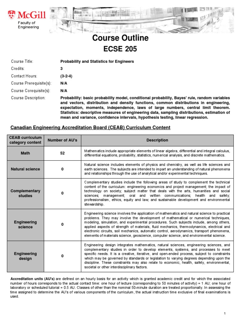 ECSE 205 Fall2020 Outline | PDF | Probability Distribution | Statistics