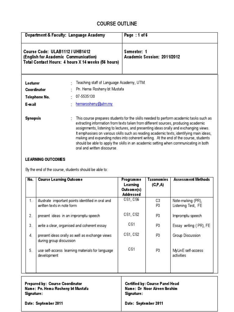 Course Outline English | PDF | Lecture | Educational Assessment