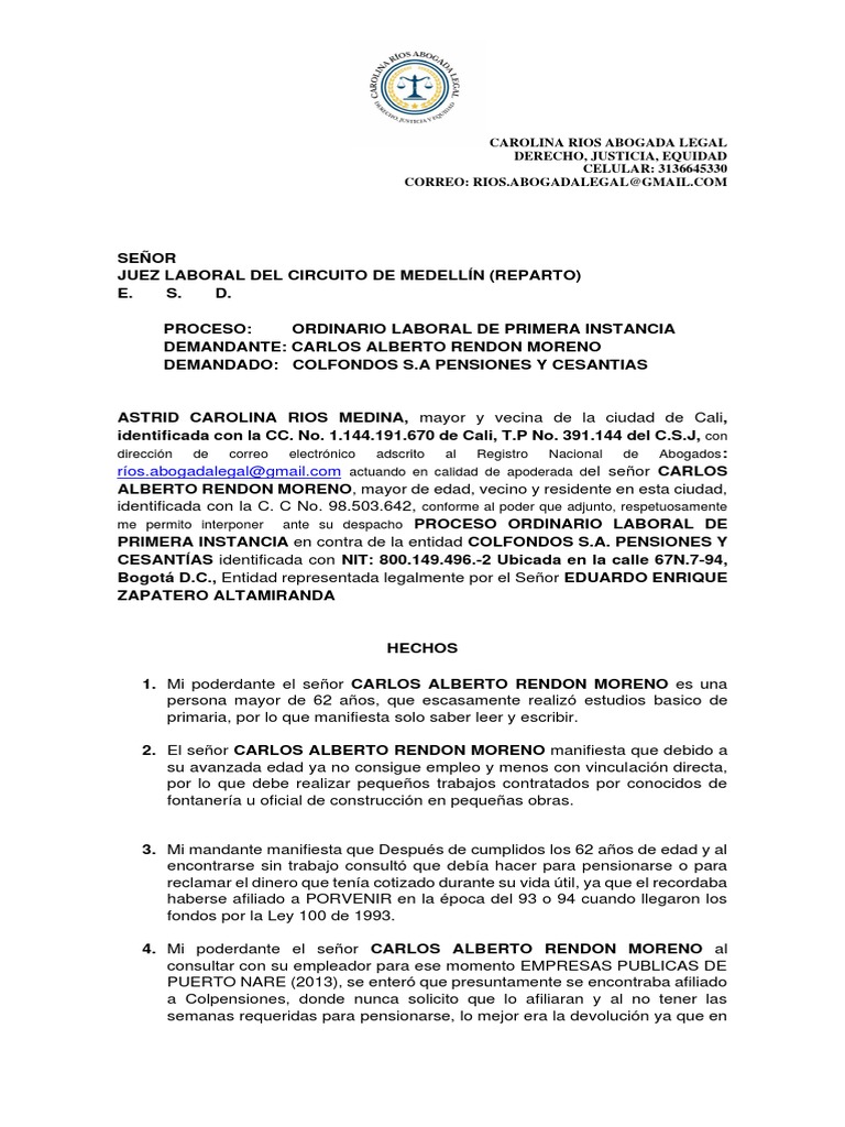 Demanda Ordinarial Laboral de Primera Instancia Del Señor Carlos ...