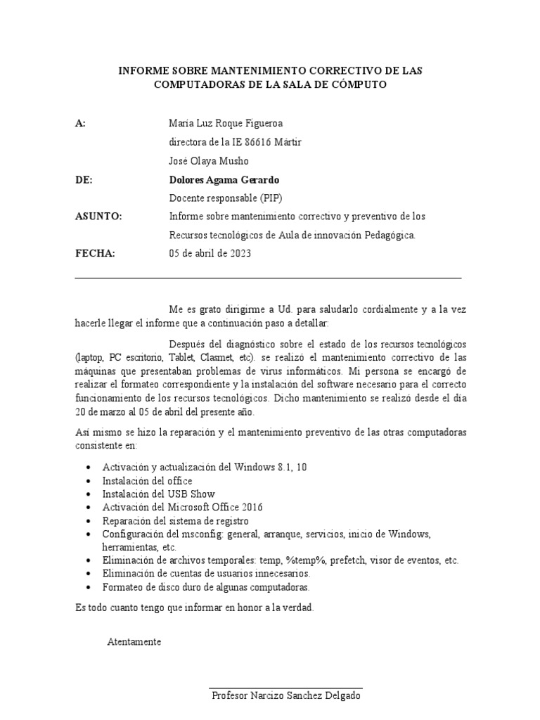 Informe Sobre Mantenimiento Correctivo y Preventivo PC | PDF