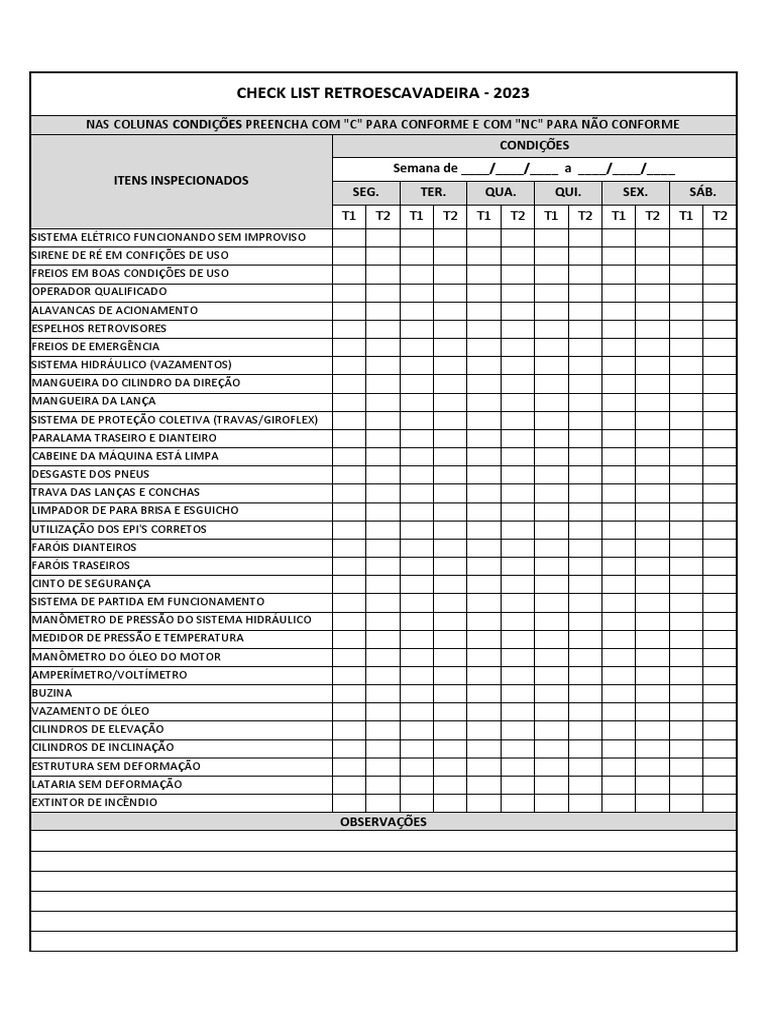 Check List Retroescavadeira | PDF