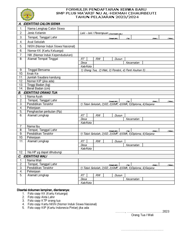 Formulir-Pendaftaran 2023-2024 | PDF