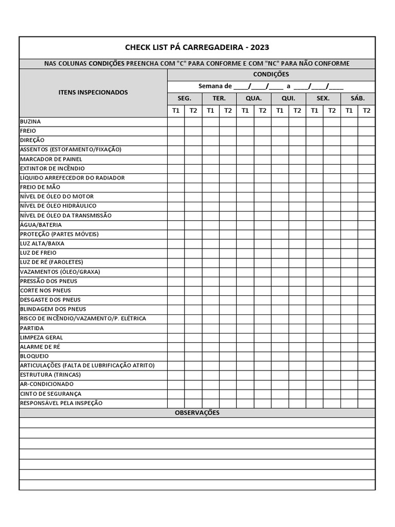 Check List Pá Carregadeira | PDF