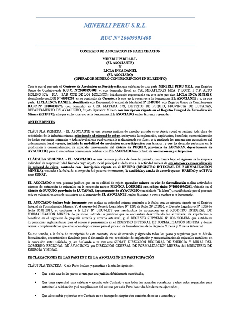 Contrato de Asociacion en Participacion Minerli Peru S.R.L. y Licla Inca Daniel | Descargar ...