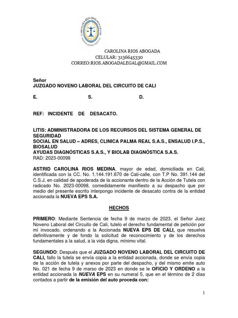 Incidente de Desacato de Incumplimiento de Fallo de Tutela | PDF | Gobierno | Justicia