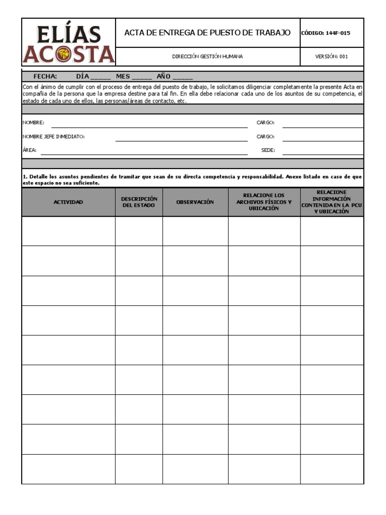 Formato Acta Entrega Cargo | PDF