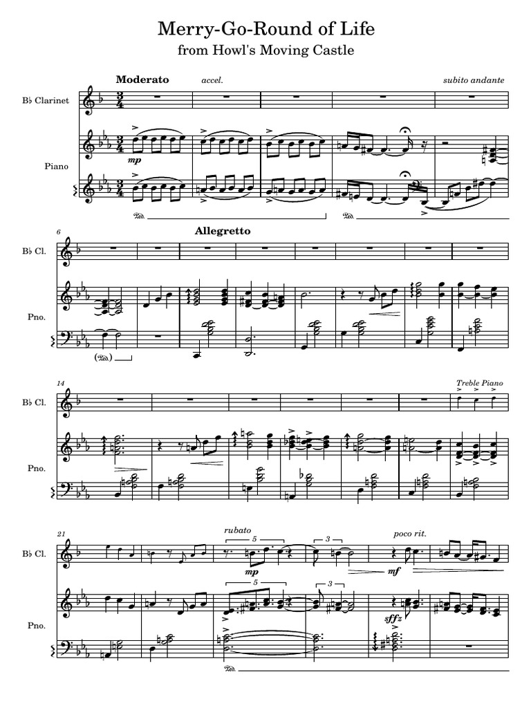 MerryGoRound of Life Howls Moving Castle Clarinet Solo W Piano ...