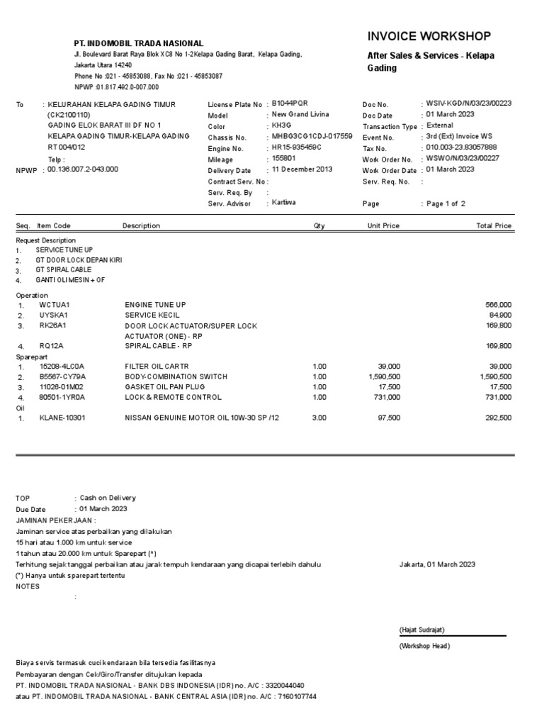 Invoice Service Mobil Kelapa Gading | PDF