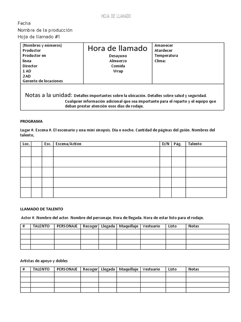 Plantilla Hoja de Llamado para Rodaje | PDF