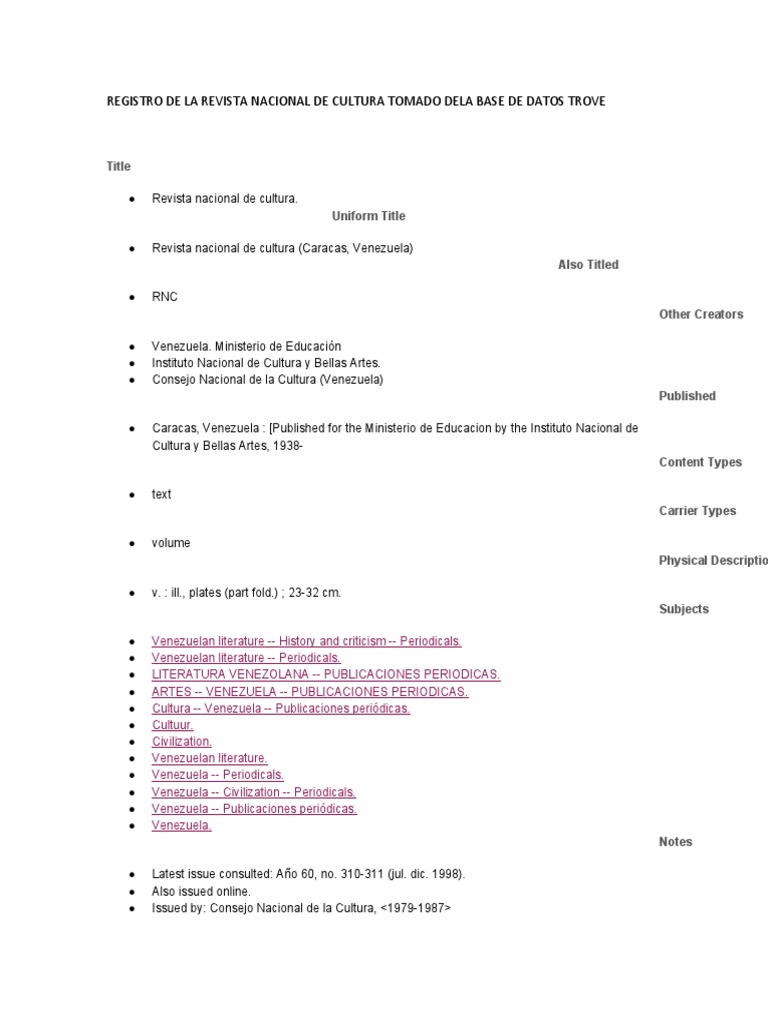 Registro de La Revista Nacional de Cultura Tomado Dela Base de Datos Trove | PDF