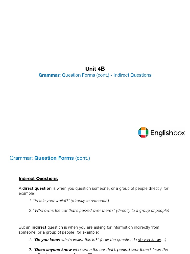 Unit 4B Question Forms Indirect Questions PDF | PDF