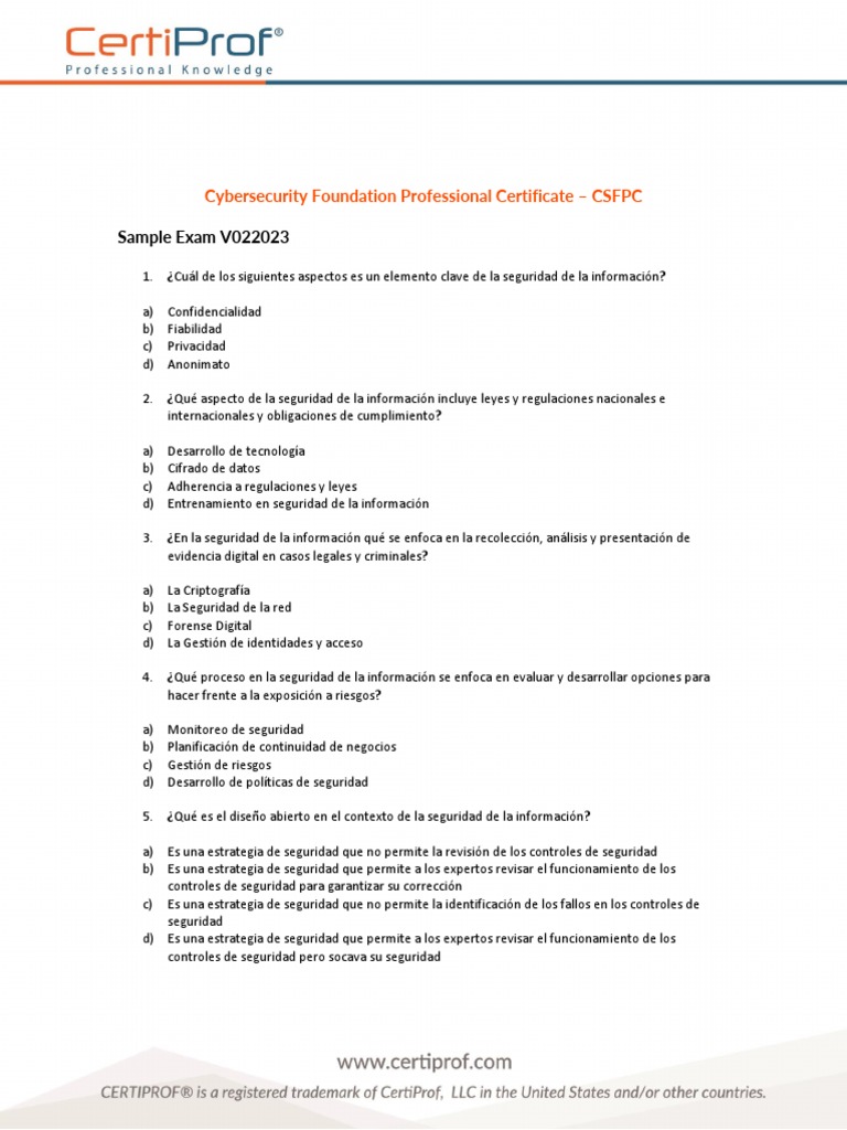 Examen Preguntas CSFPC | PDF | Seguridad de información | Riesgo