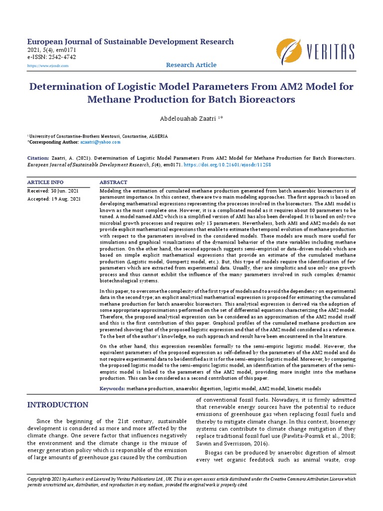 Determination of Logistic Model Parameters From Am2 Model For Methane Production For Batch 11258 ...