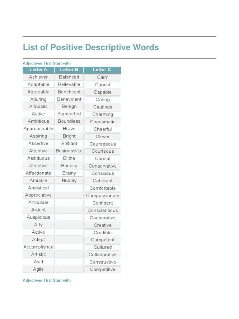 Adjectives List | PDF | Cognition | Cognitive Science