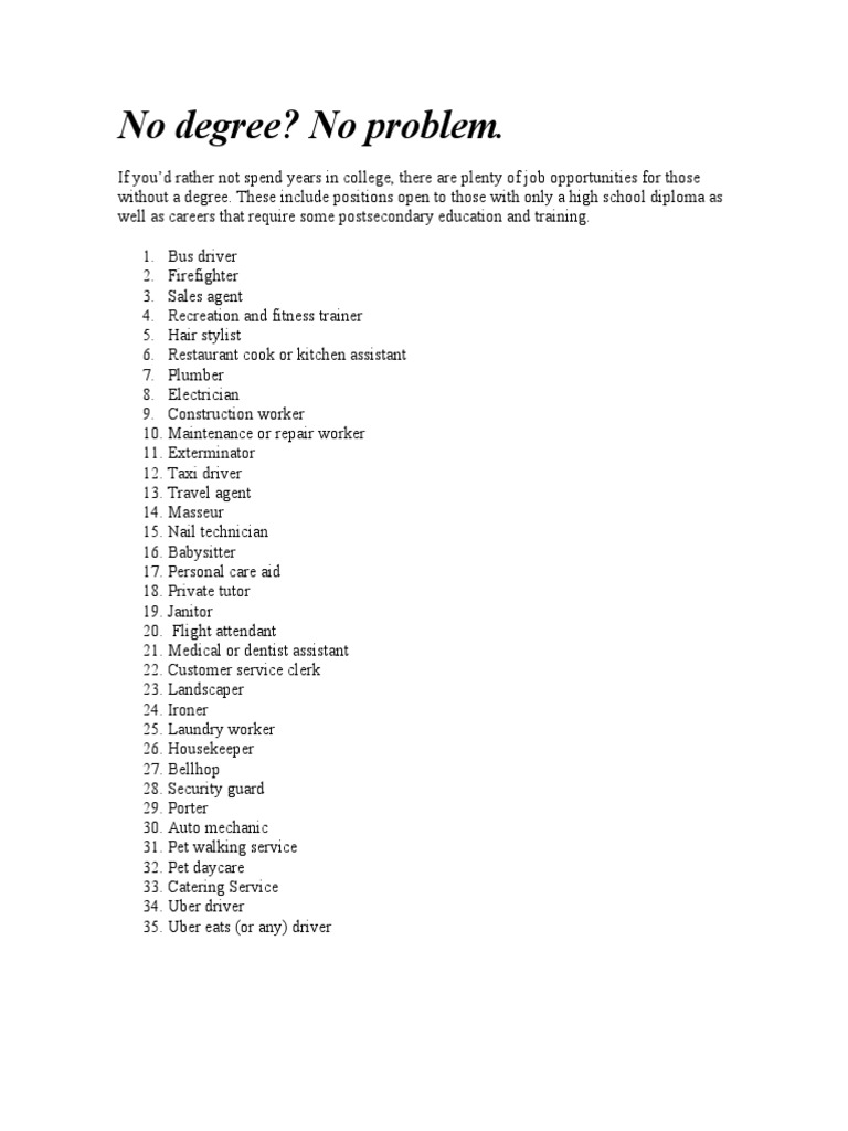 No Degree Jobs Vocabulary | PDF