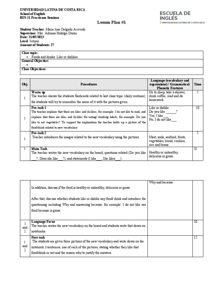 1st lesson plan 7th grade Unit 2 | PDF