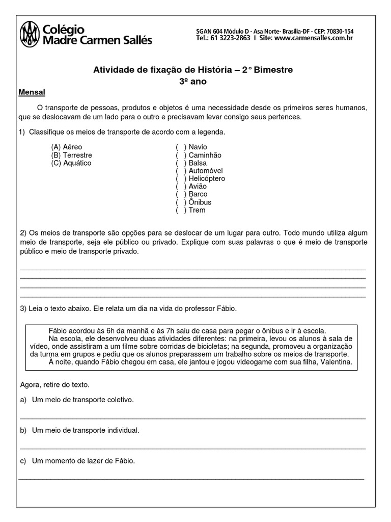 Atividade+de+FixaE3o+de+HistBA+Bimestre 3%BA+Ano | PDF