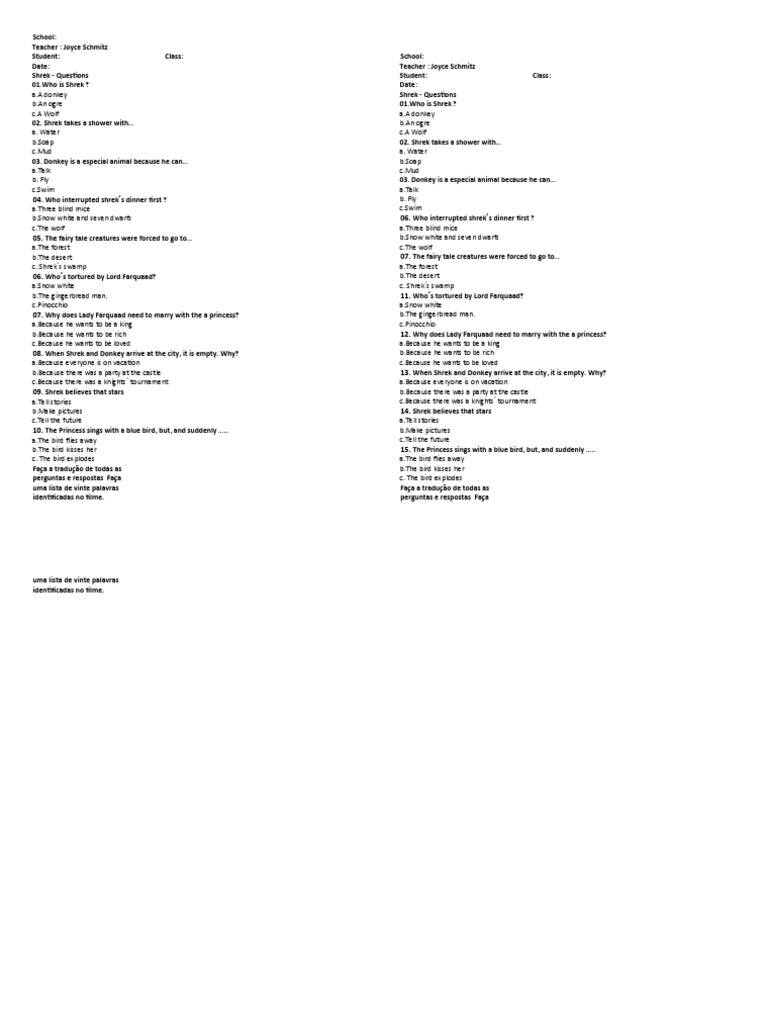Shrek Quiz: Questions and Vocabulary | PDF