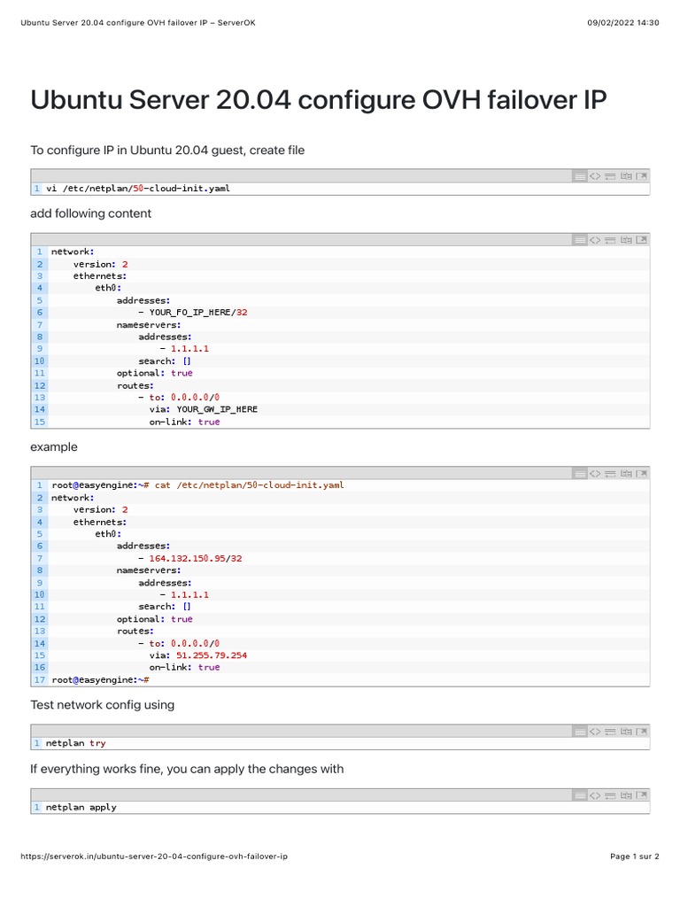 Ubuntu Server 20.04 Configure OVH Failover IP | PDF