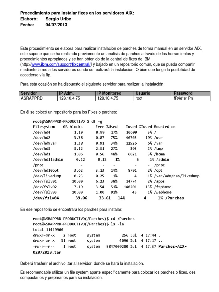 Procedimiento para Instalar FIXES en AIX (Manualmente) | PDF