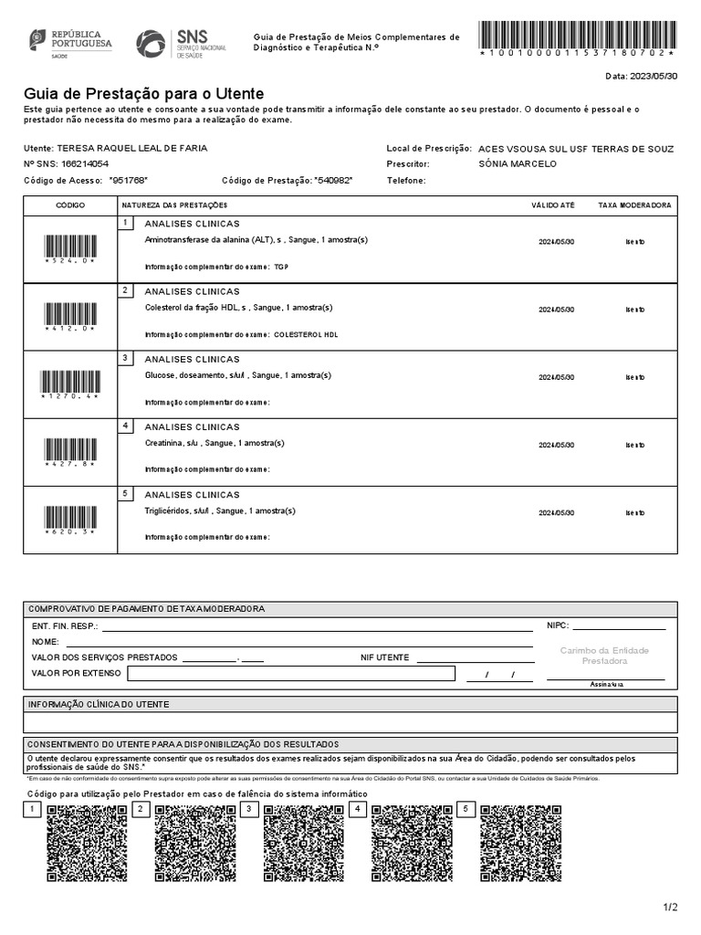 Guia de Prestação para o Utente: Analises Clinicas | PDF