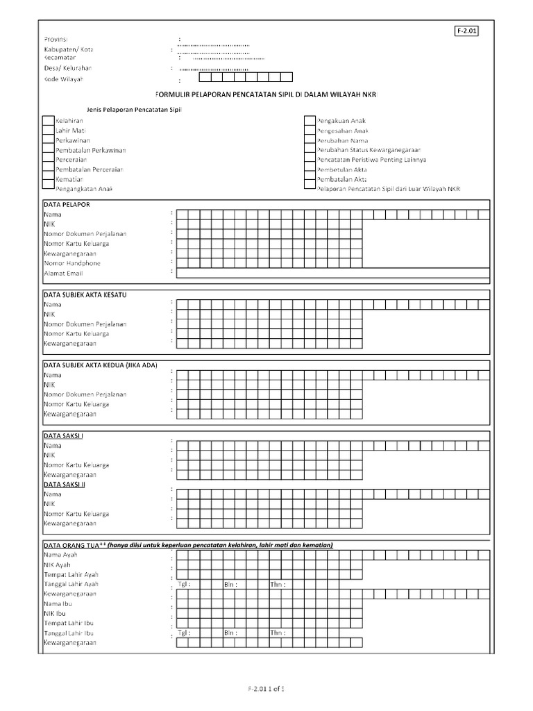 Formulir F-2.01 Pelaporan Pencatatan Sipil | PDF