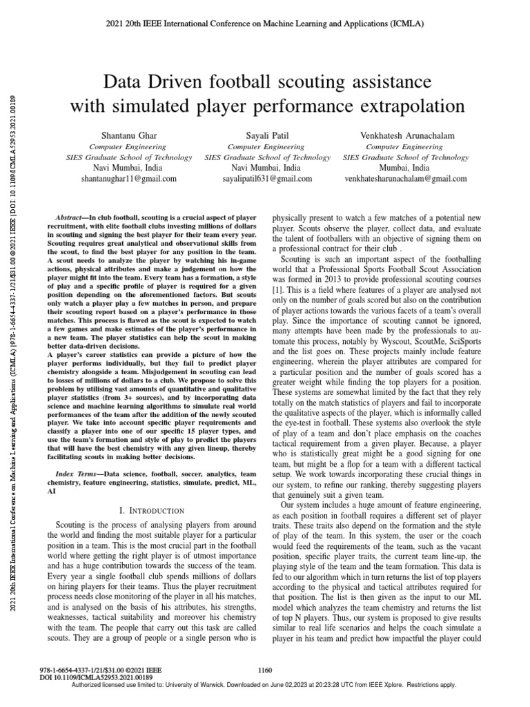Data Driven Football Scouting Assistance With Simulated Player Performance Extrapolation | PDF ...