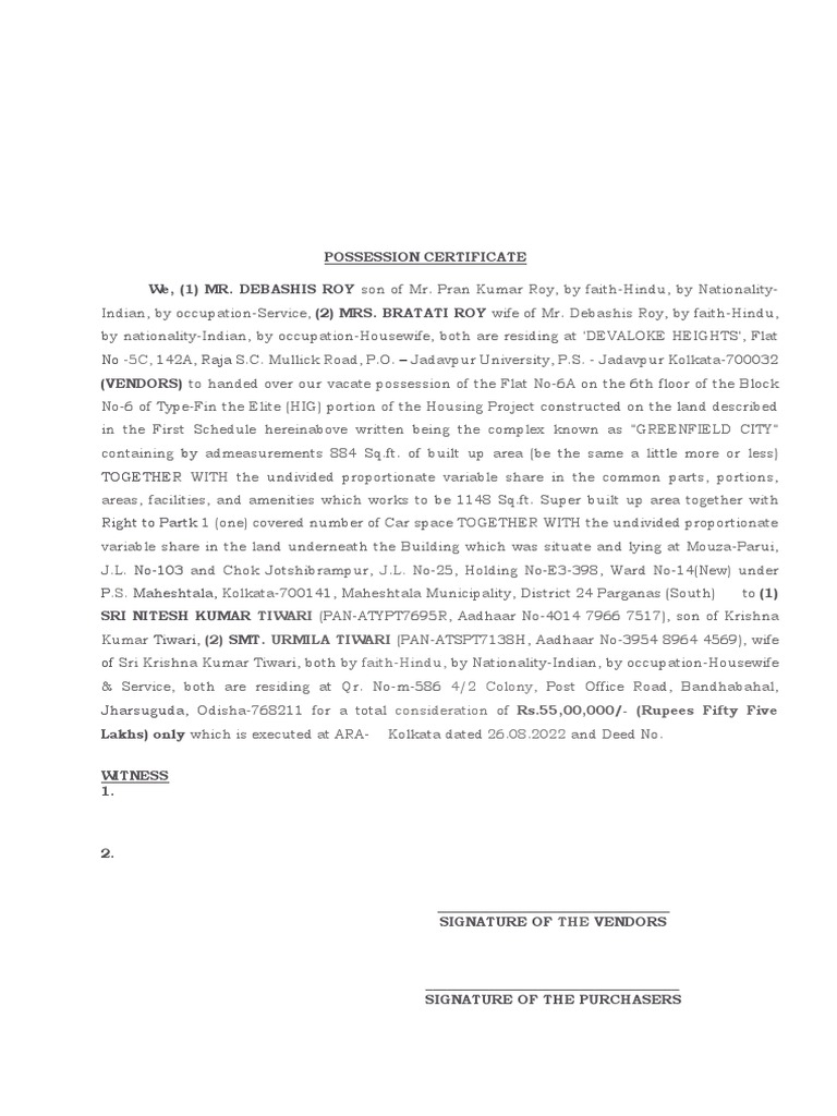 POSSESSION CERTIFICATE | PDF