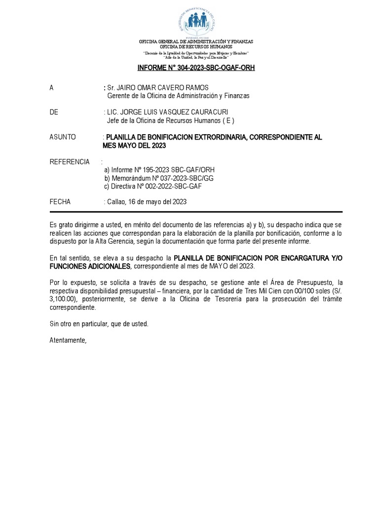 INFORME #304-2023 Planila Bonif Por Resp. A Mayo 2023 | PDF