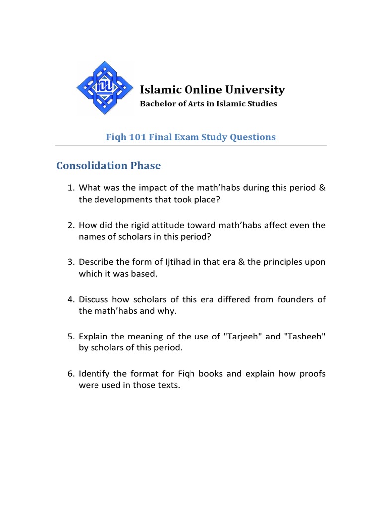 Fiqh 101 Final Study Questions | PDF