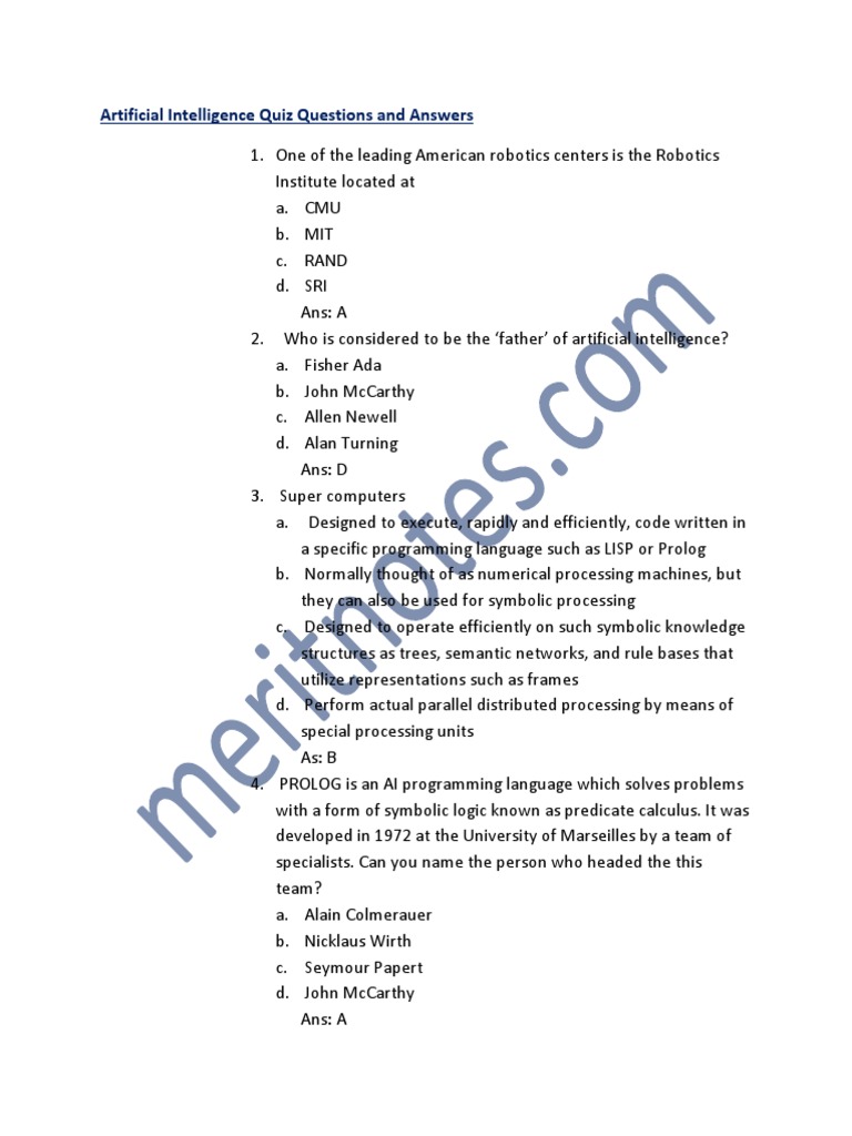 Artificial Intelligence Quiz Questions | PDF | Artificial Intelligence ...