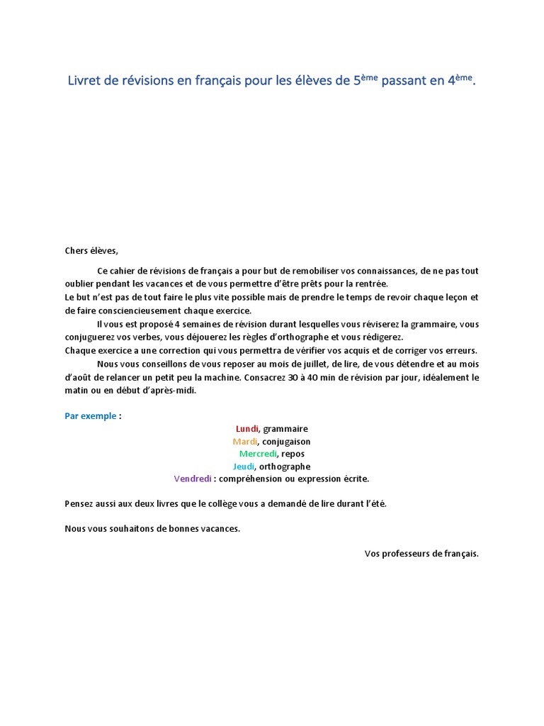 Révisions Français pour Rentrée en 4ème | PDF