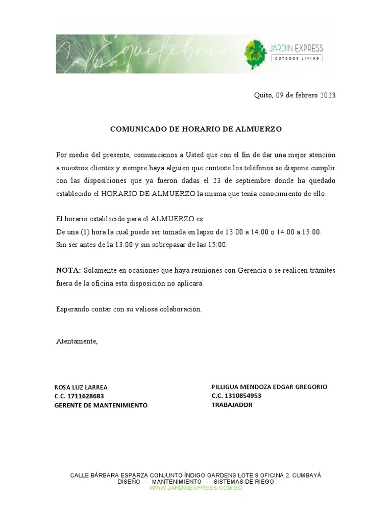 Comunicado Almuerzo | PDF